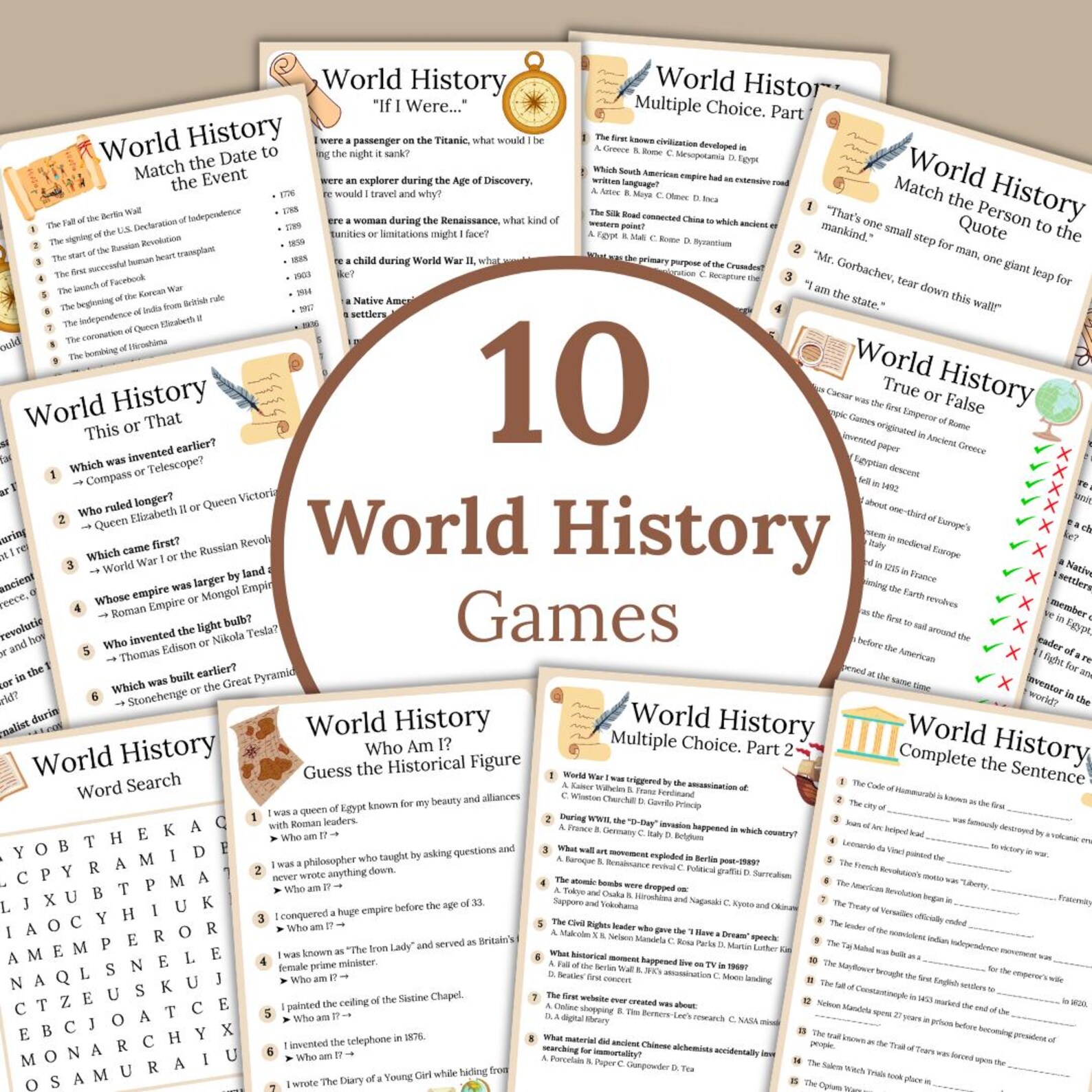World History Game Bundle | 10 Printable Educational Activities ...