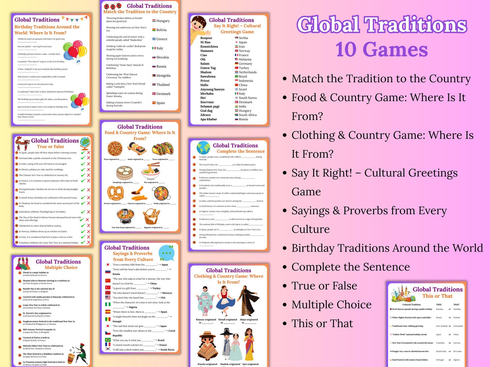Global Traditions Game Bundle – 10 Printable Educational Activities ...