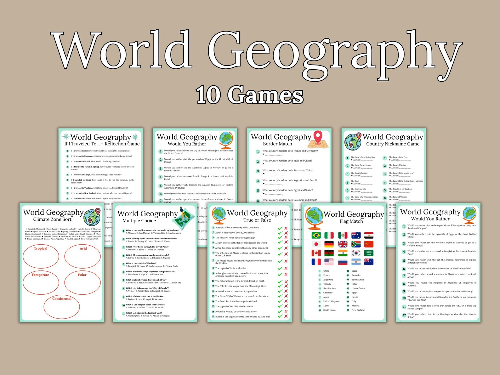 World Geography Game Bundle – 10 Printable Educational Activities ...