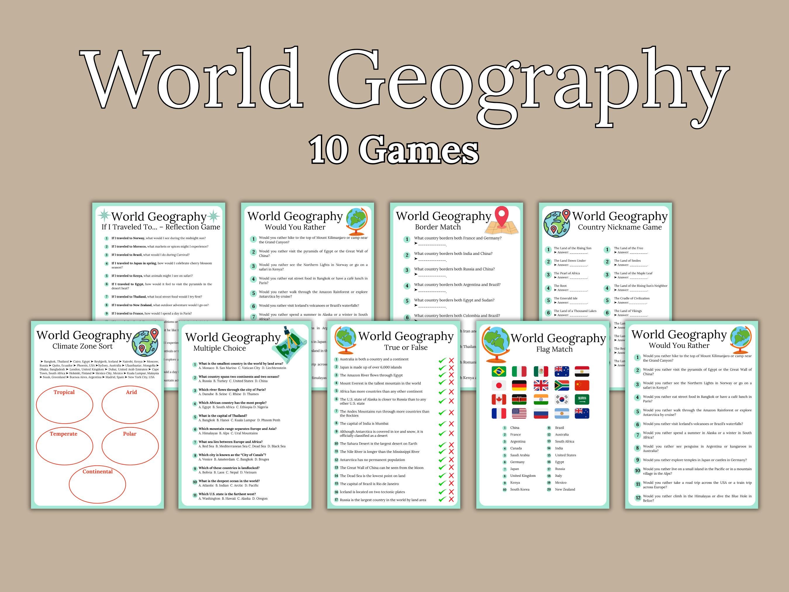 World Geography Game Bundle – 10 Printable Educational Activities ...