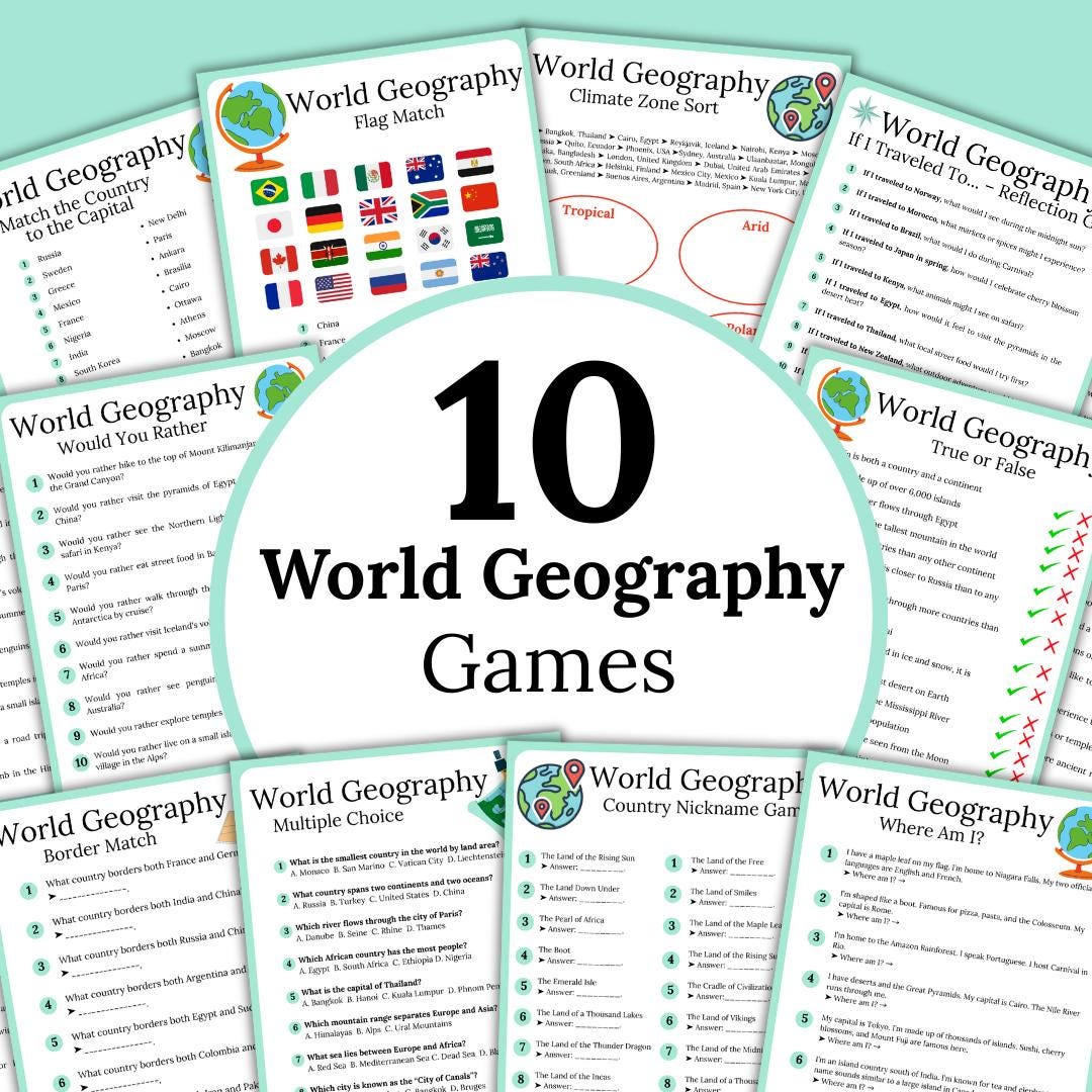 World Geography Game Bundle – 10 Printable Educational Activities ...