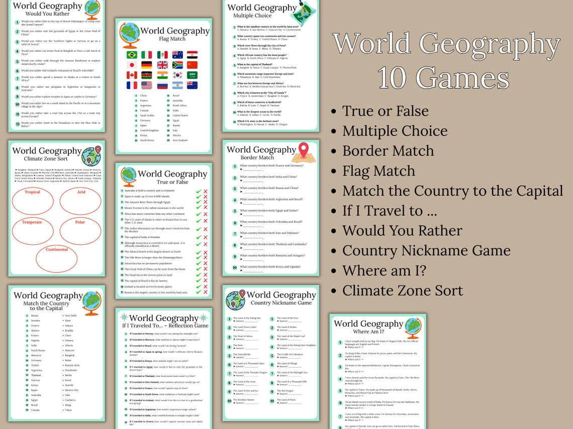 World Geography Game Bundle – 10 Printable Educational Activities ...