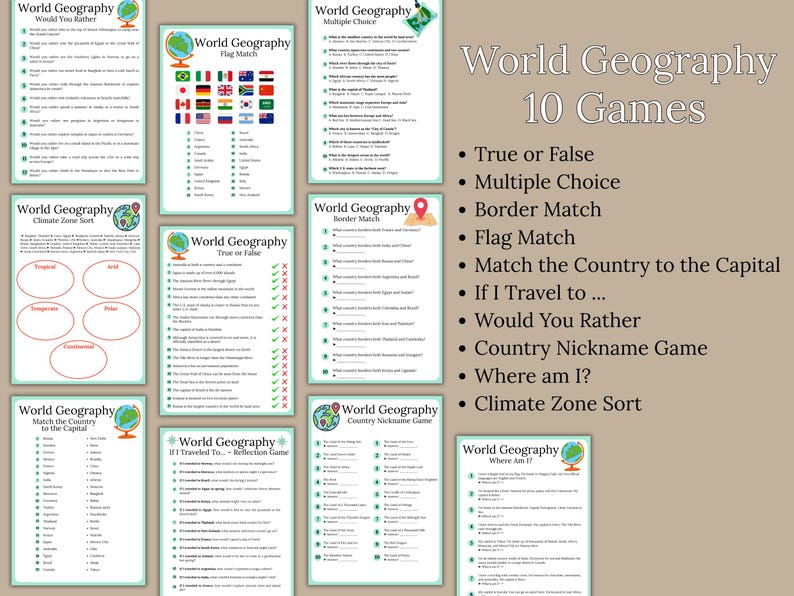 World Geography Game Bundle – 10 Printable Educational Activities ...