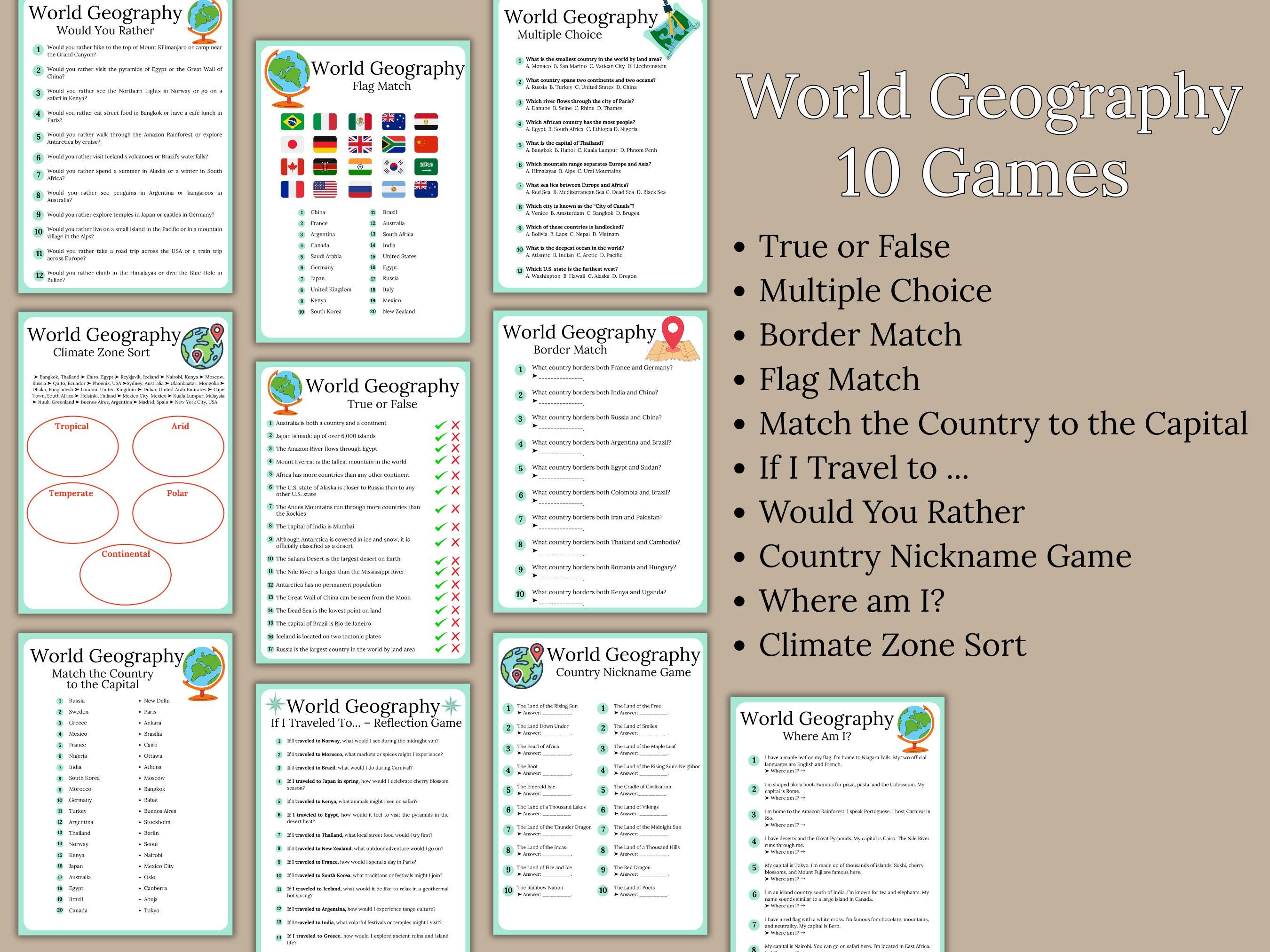 World Geography Game Bundle – 10 Printable Educational Activities ...