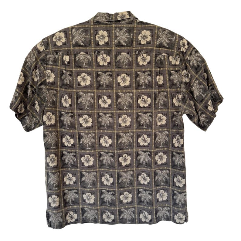 Vintage Tommy Bahama 90s Mens L Silk Camp Shirt Grey Hibiscus Palm Tree
