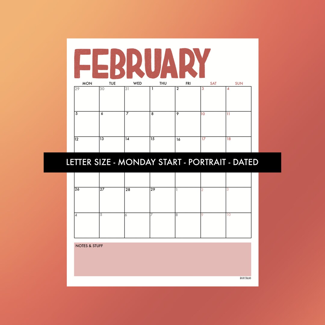 Printable February 2024 Calendar Monday Start Portrait Color Block ...