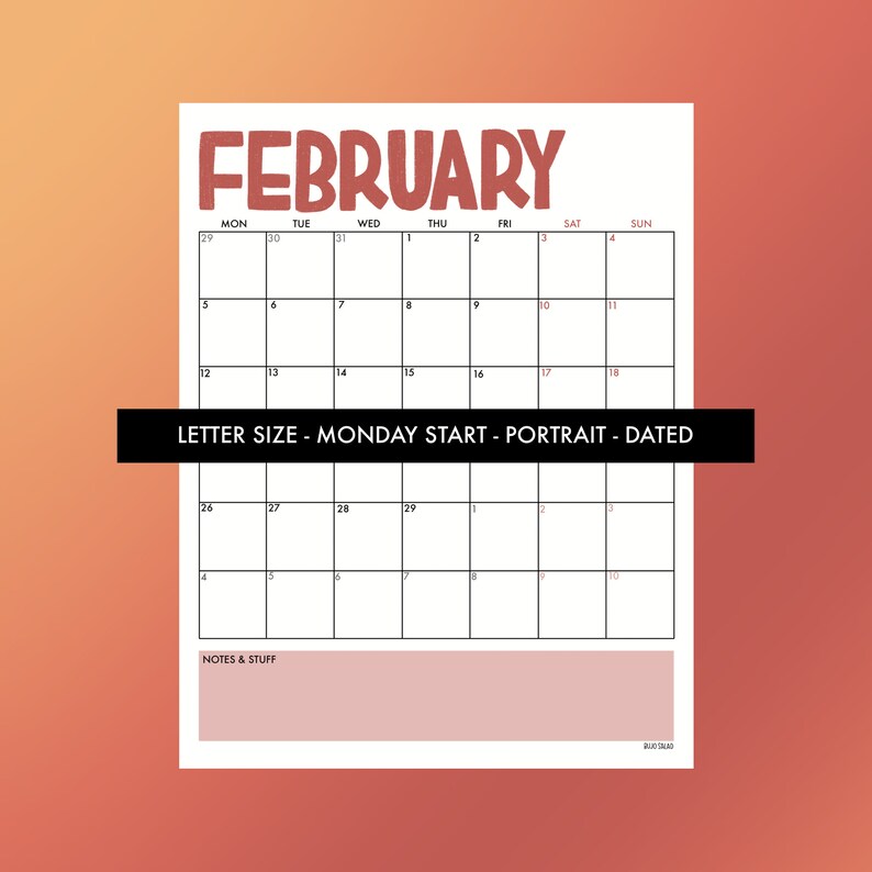 Printable February 2024 Calendar Monday Start Portrait Color Block ...