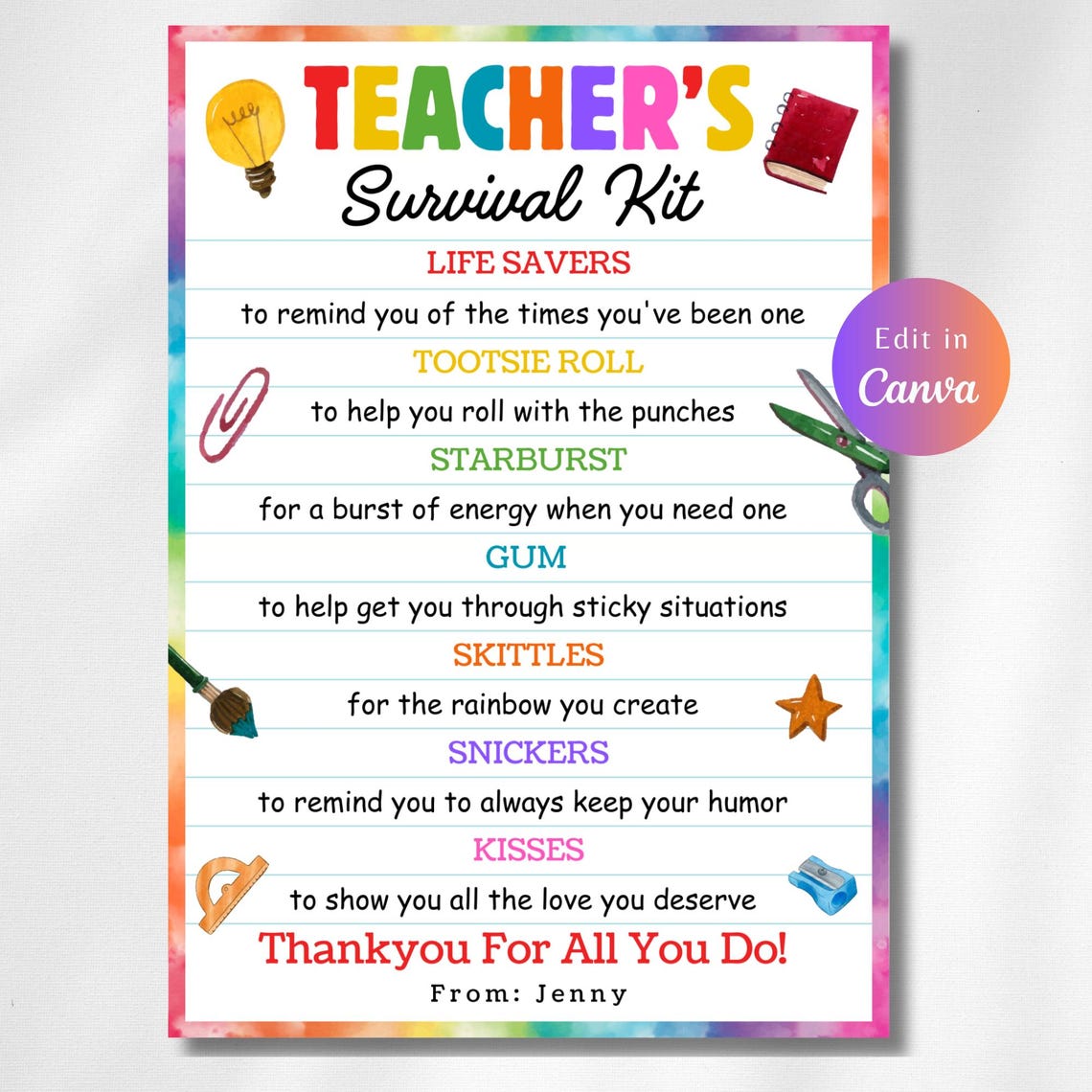 Editable TEACHER SURVIVAL Kit Tag, Teacher Appreciation Gift Tag ...