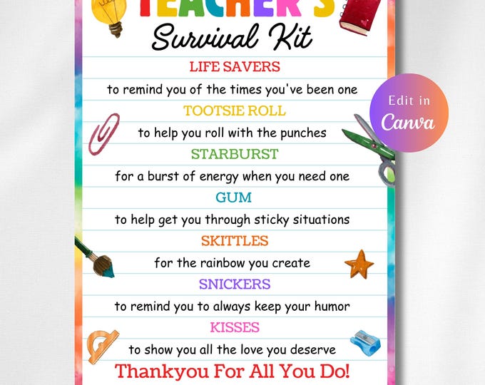 Teacher's Survival Kit Gift Tag, Editable Appreciation Week Gift Tag ...