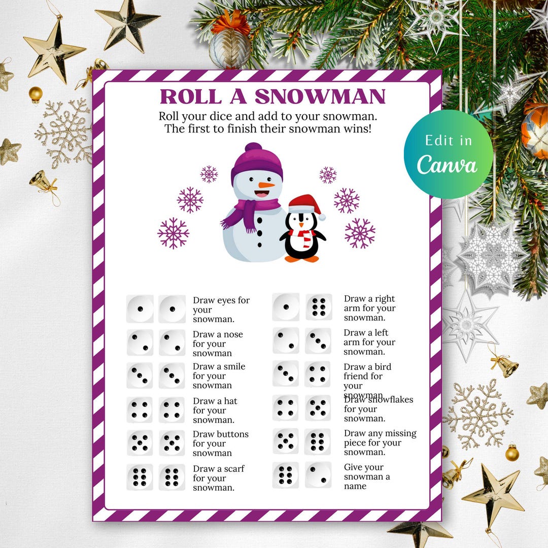ROLL A SNOWMAN, Printable Game, Fun Xmas Quiz, Family Holiday Game ...