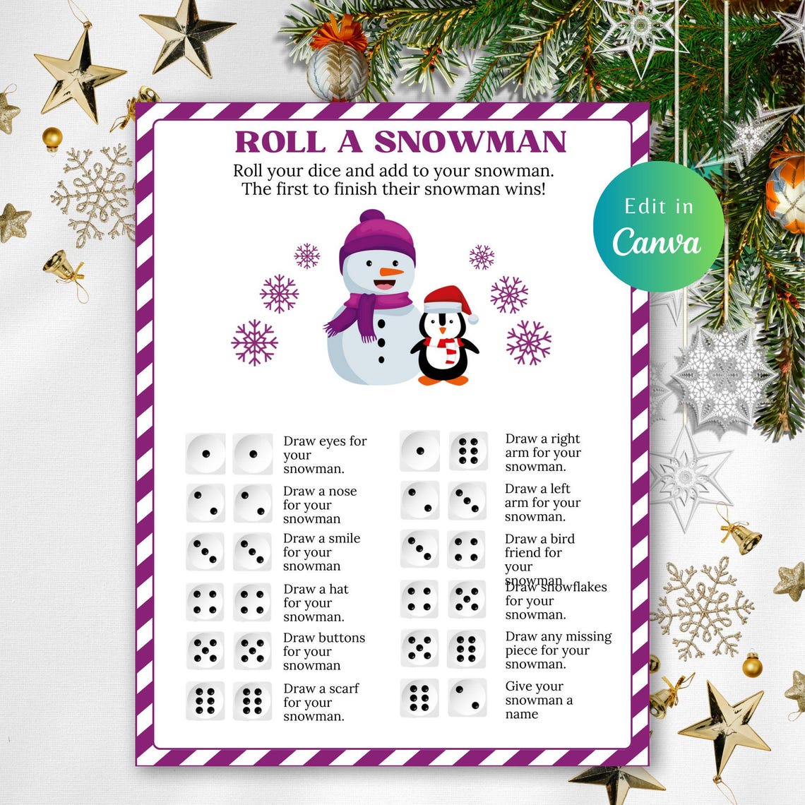 ROLL A SNOWMAN, Printable Game, Fun Xmas Quiz, Family Holiday Game ...