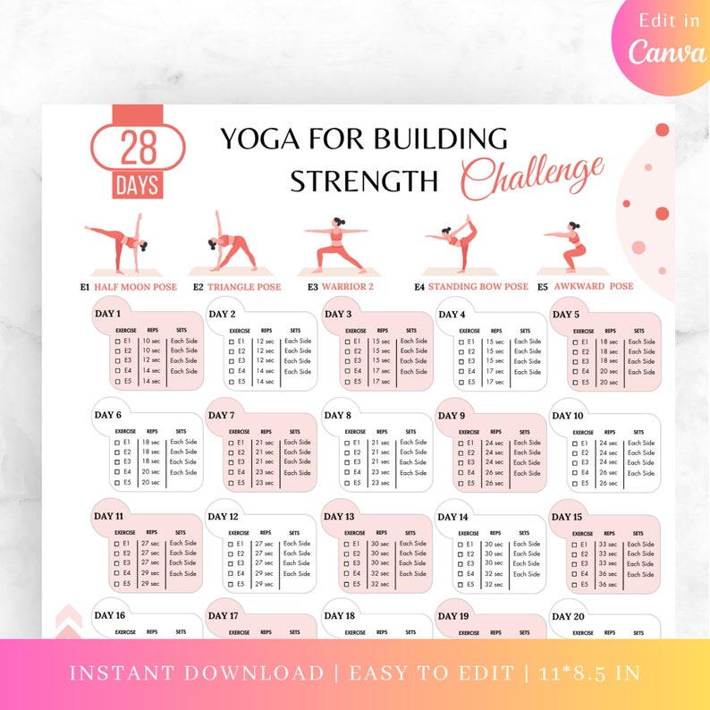Editable 28 DAYS Yoga for Building Strength Challenge, Building ...