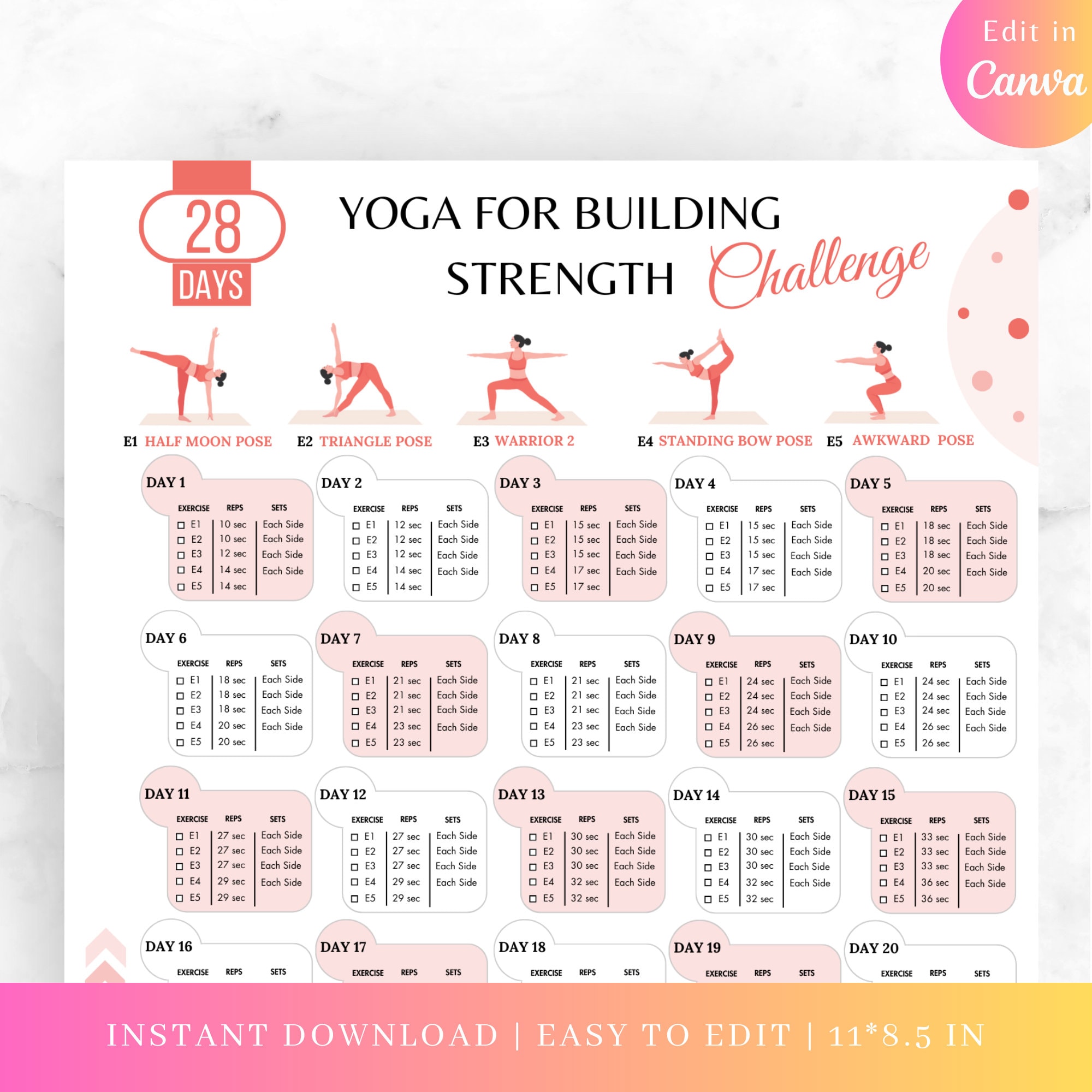 Editable 28 DAYS Yoga for Building Strength Challenge, Building ...