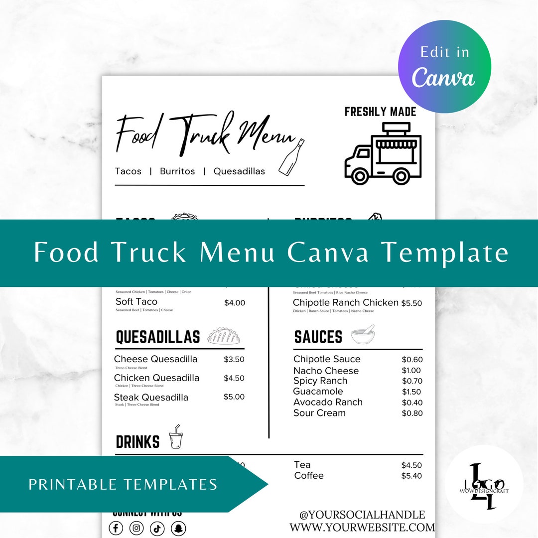 FOOD TRUCK Menu,mexican Food Menu, Menu Template, Minimalist Menu, Food ...