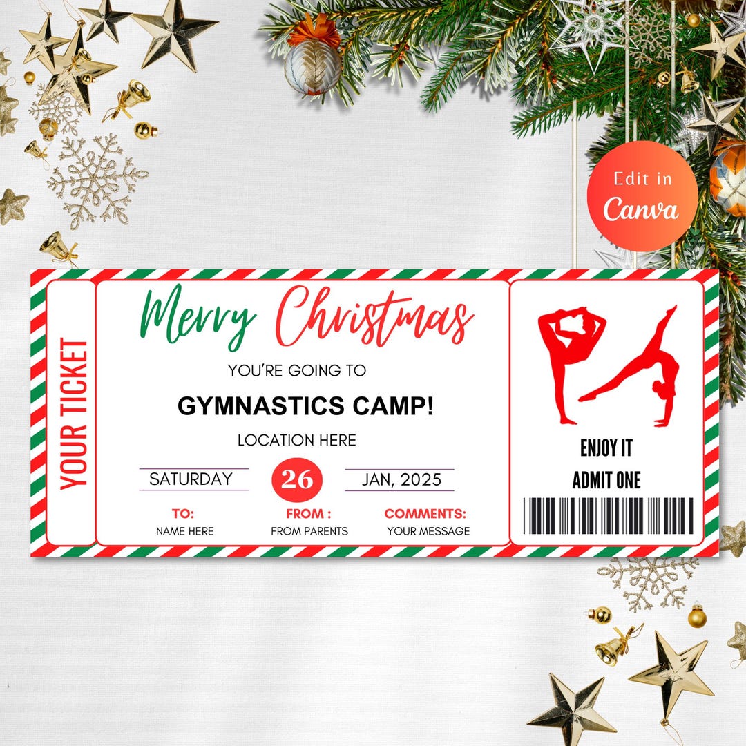 Editable Christmas Gymnastics Camp Gift Voucher Ticket, Gymnastics ...