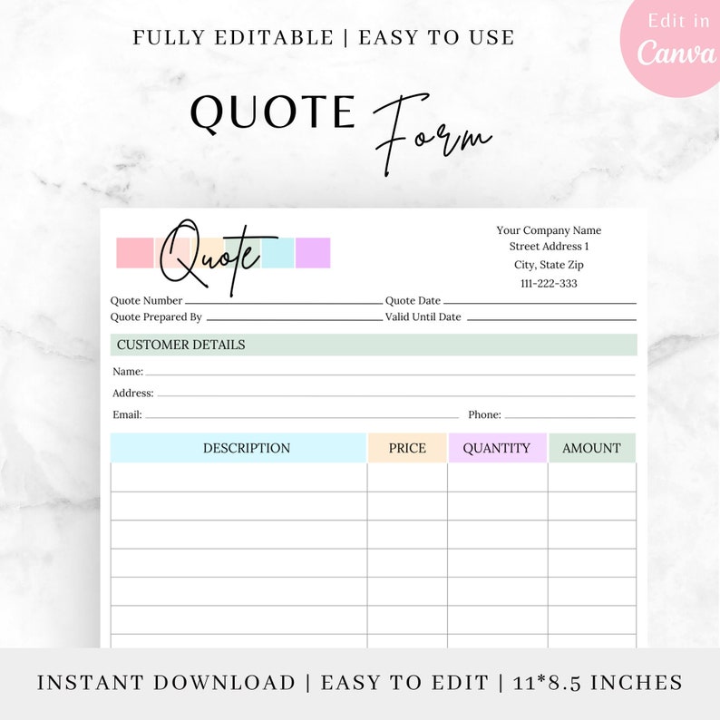 EDITABLE QUOTE FORM, Price Estimate, Quote Proposal, Quote Template ...