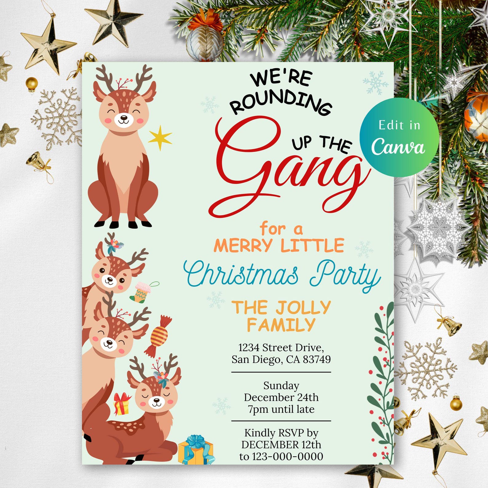 EDITABLE CUTE REINDEER Christmas Party Invitation, Cute Christmas ...