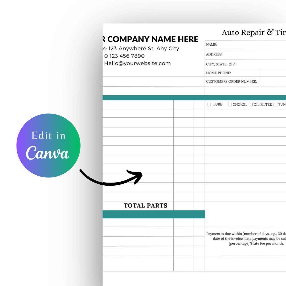 AUTO REPAIR INVOICE, Car Repair Invoice, Tire Repair Invoice, Auto ...