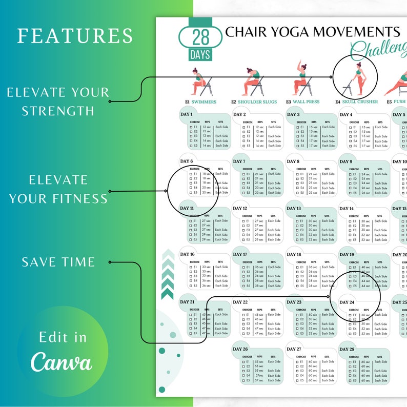 Editable 28 DAYS CHAIR YOGA Challenge, Chair Yoga, Chair Yoga Guide ...