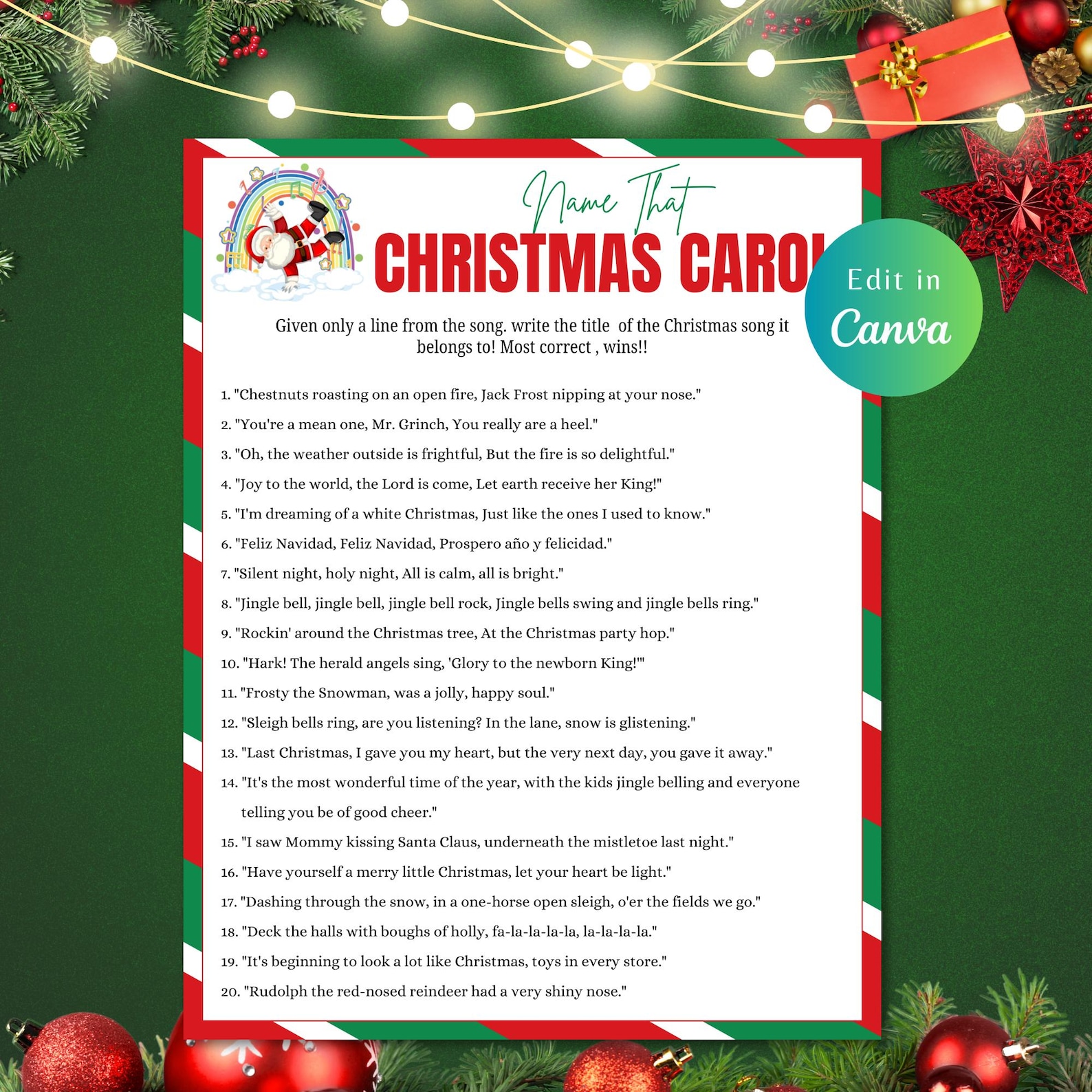 PRINTABLE GUESS the Christmas CAROL, Christmas Party Game, Christmas ...