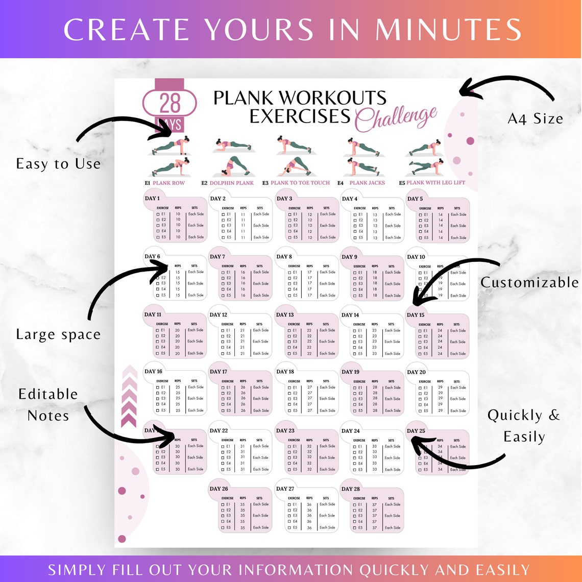 Editable 28 DAYS PLANK CHALLENGE, Plank Challenge Workout, Plank, 30 ...