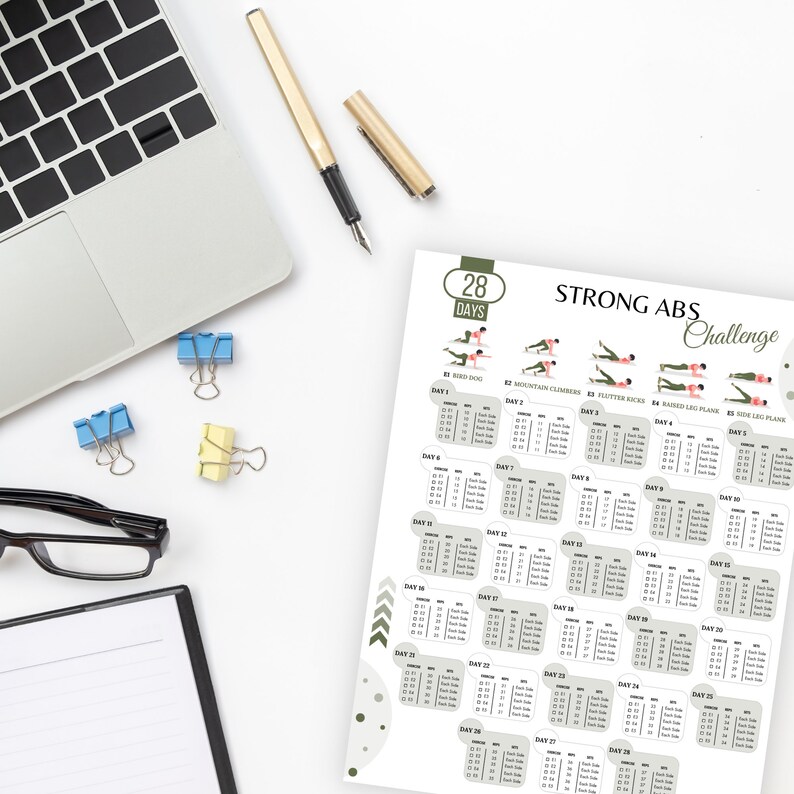 Editable 28 DAYS Strong Abs Workout Challenge, 30 DAYS Challenge ...