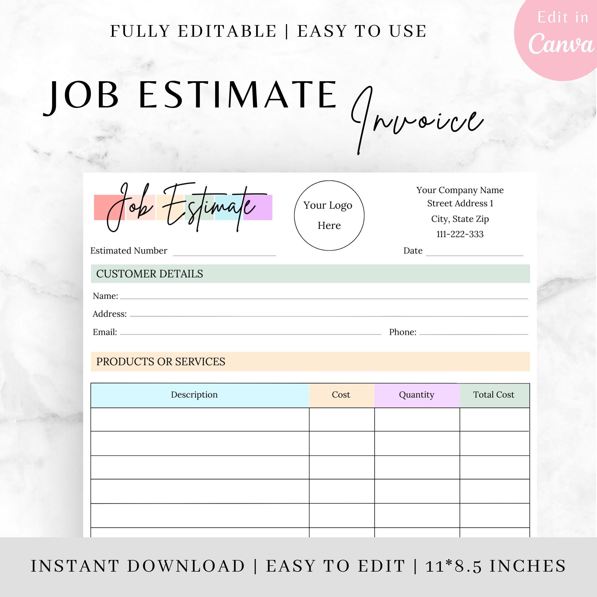JOB ESTIMATE FORM, Job Proposal Template, Contractor Proposal, Business ...