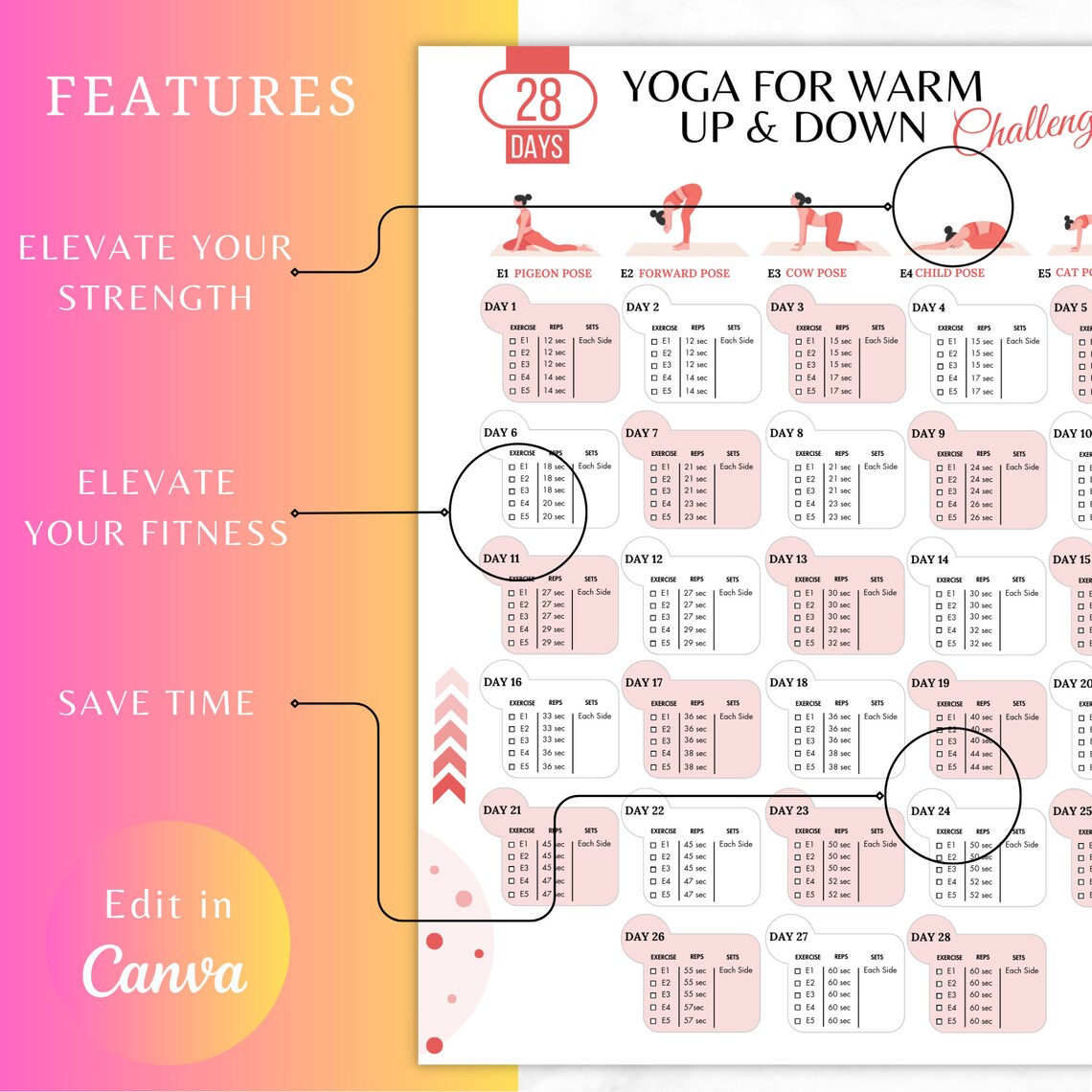 Editable 28 DAYS Yoga Warm up and Down Challenge, Warm up Exercise ...