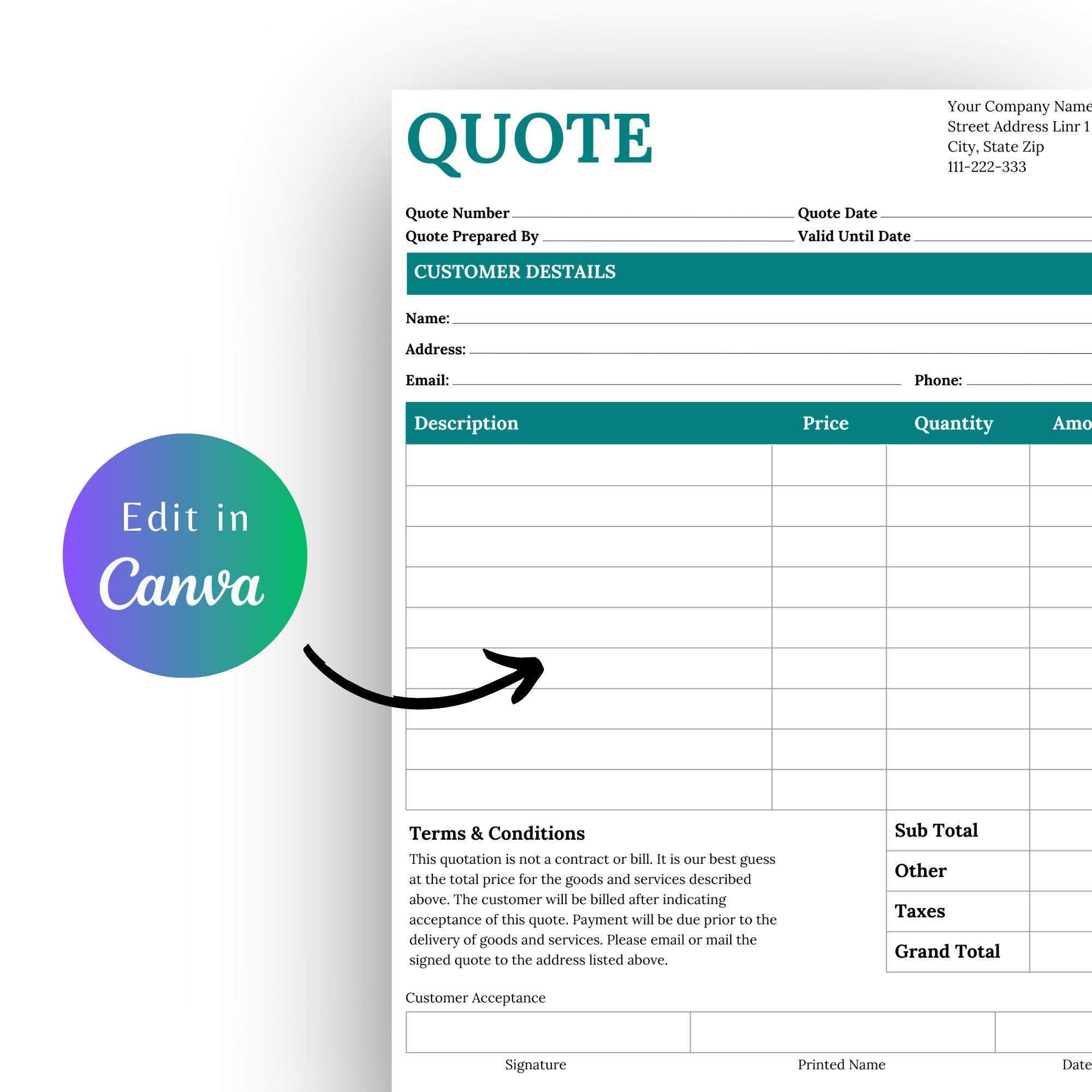 EDITABLE QUOTE FORM, Price Estimate, Quote Proposal, Quote Template ...