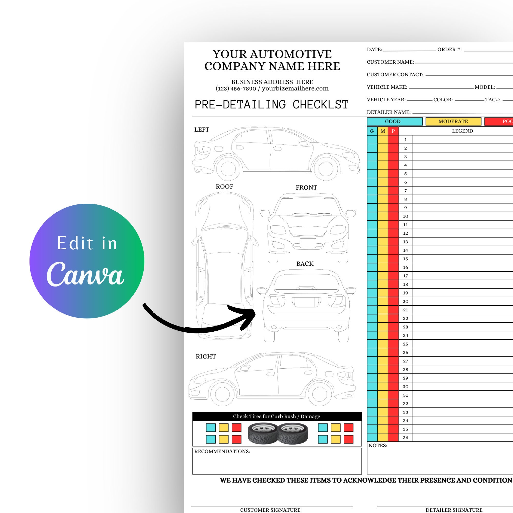 PRE-DETAIL VEHICLE Template, Vehicle Detailing, Detailing Checklist ...