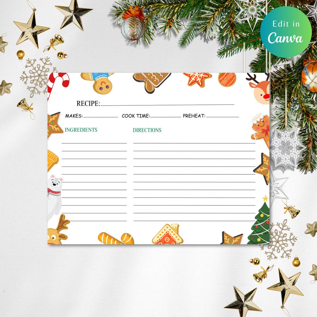 EDITABLE CHRISTMAS RECIPE Card, Holiday Recipe Card, Christmas Recipe ...