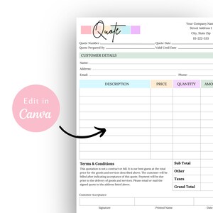 EDITABLE QUOTE FORM, Price Estimate, Quote Proposal, Quote Template ...