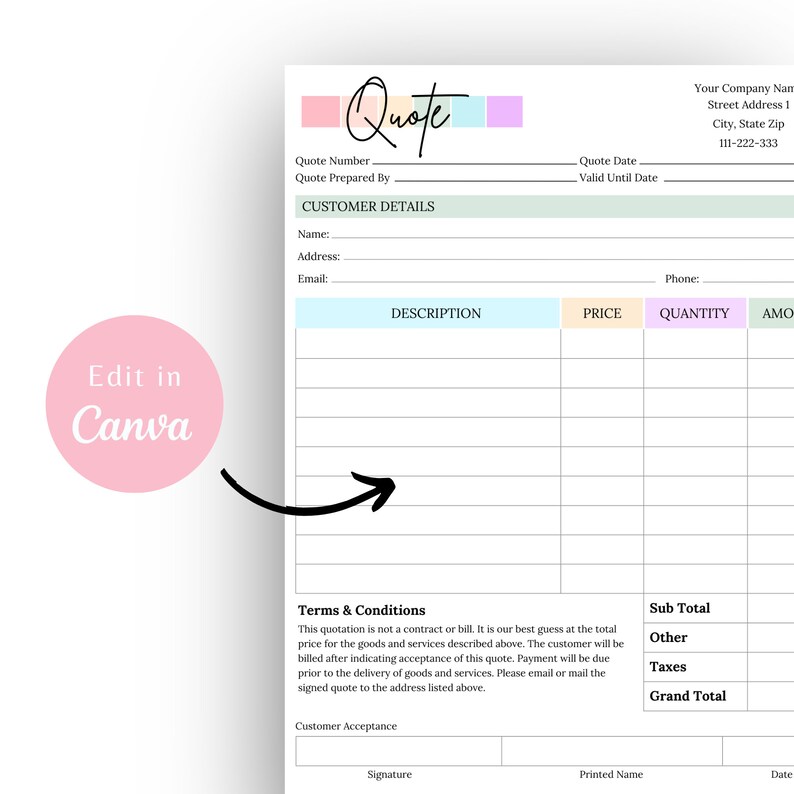 EDITABLE QUOTE FORM, Price Estimate, Quote Proposal, Quote Template ...