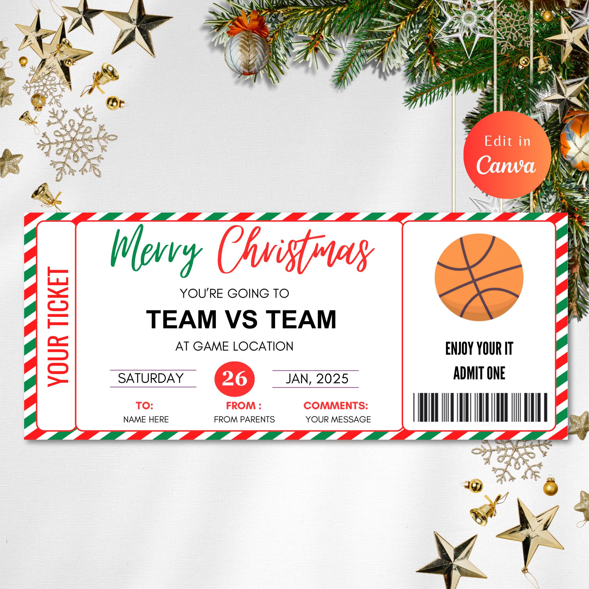Editable BASKETBALL GAME Ticket Christmas Gift, Printable, Christmas ...