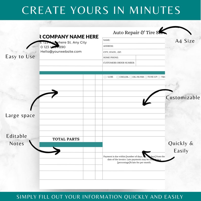 AUTO REPAIR INVOICE, Car Repair Invoice, Tire Repair Invoice, Auto ...