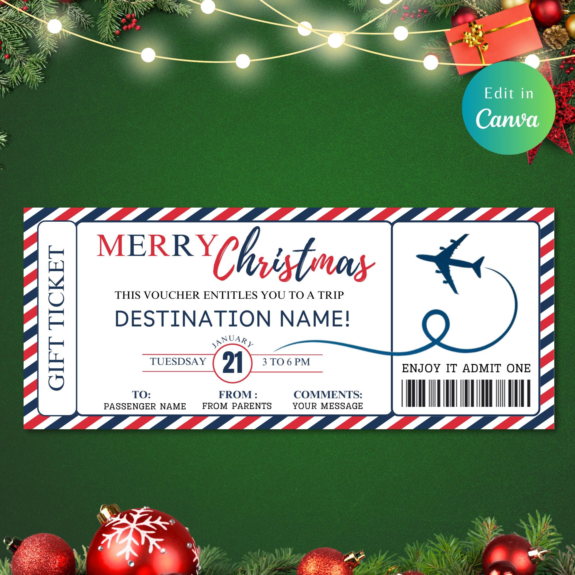 Editable Christmas PLANE TICKET TEMPLATE, Surprise Trip, Boarding Pass ...