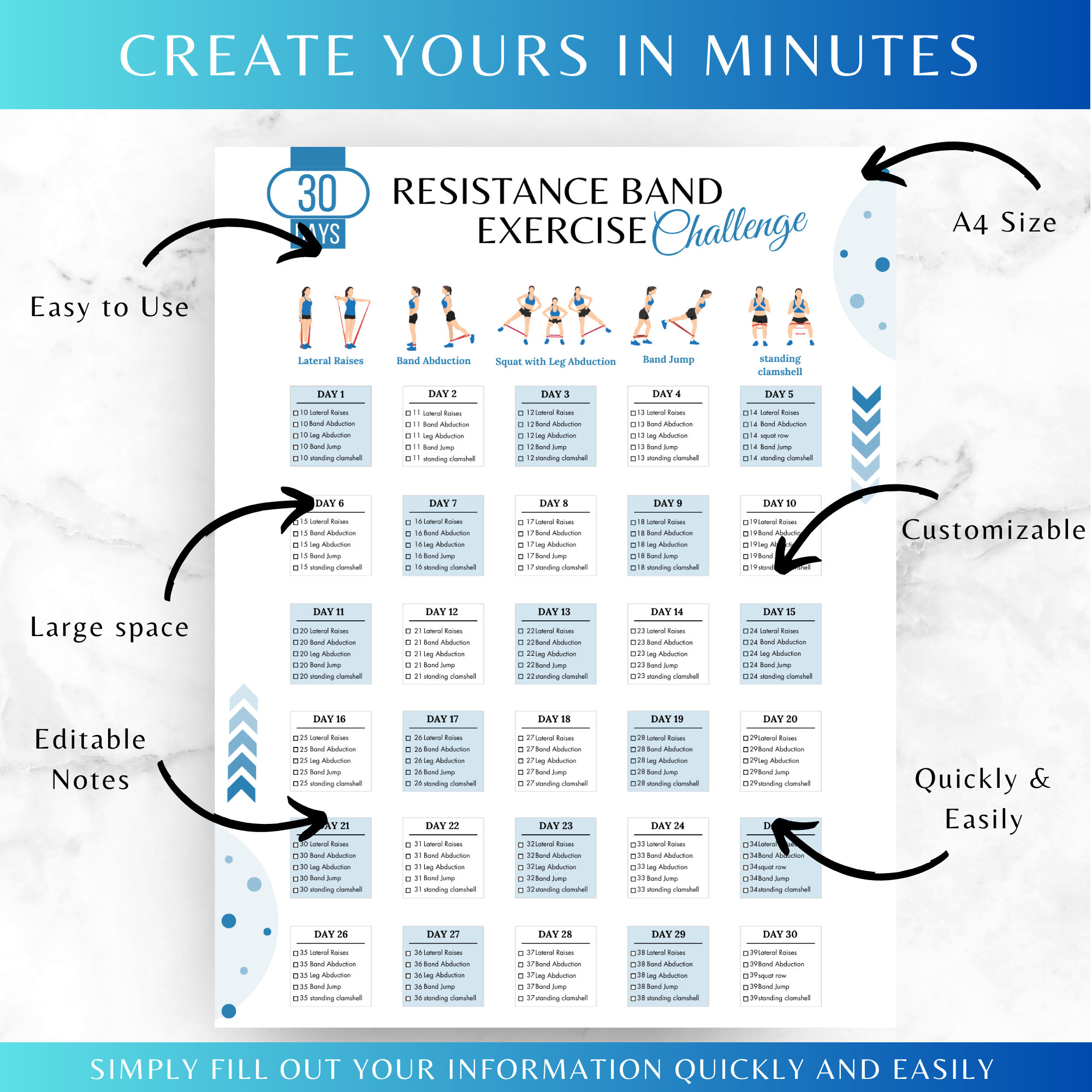 Editable 30 Days Resistance Band Challenge, Band Exercise Guide ...
