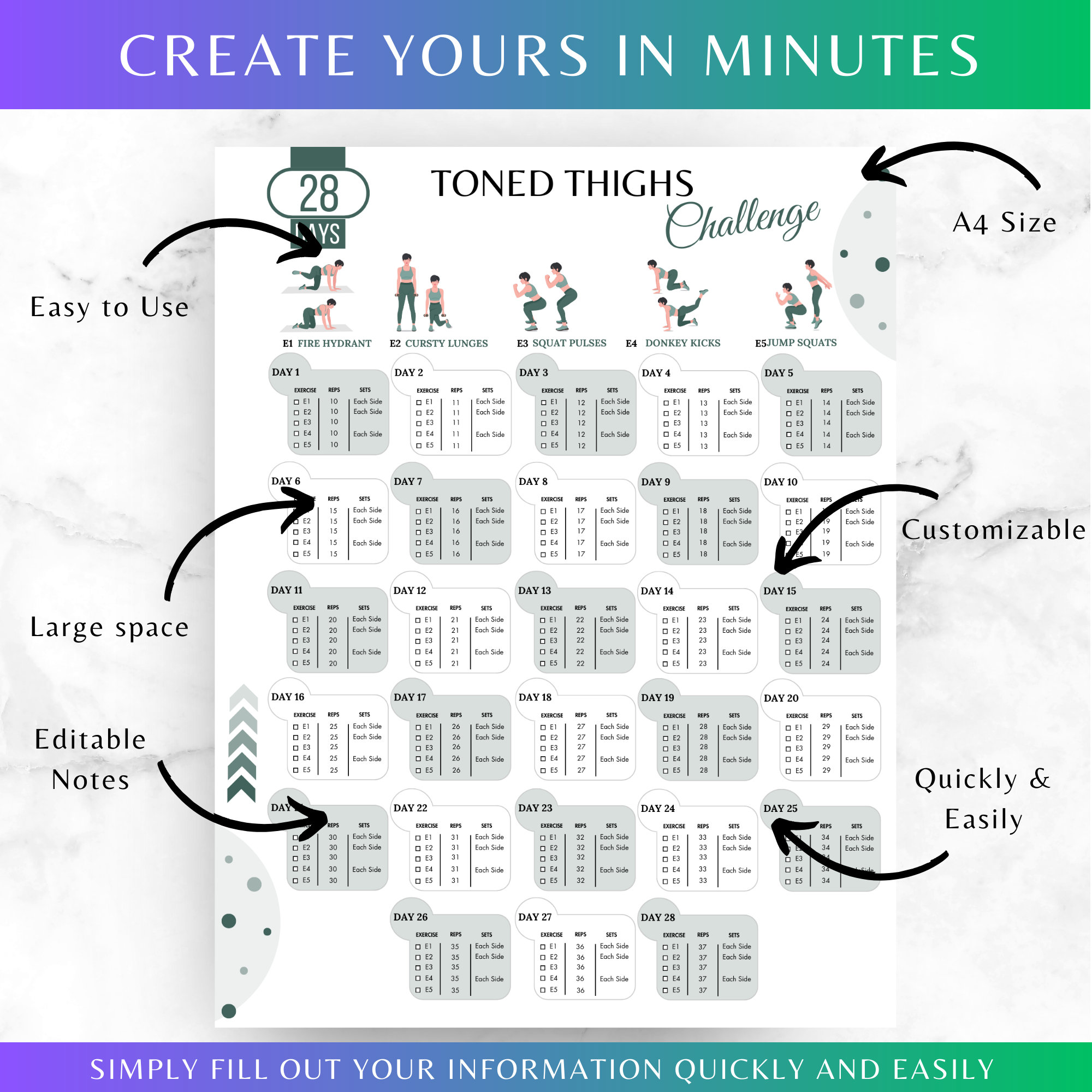 Editable 28 DAYS TONED THINGS Challenge, Digital Fitness Plan, Lose ...