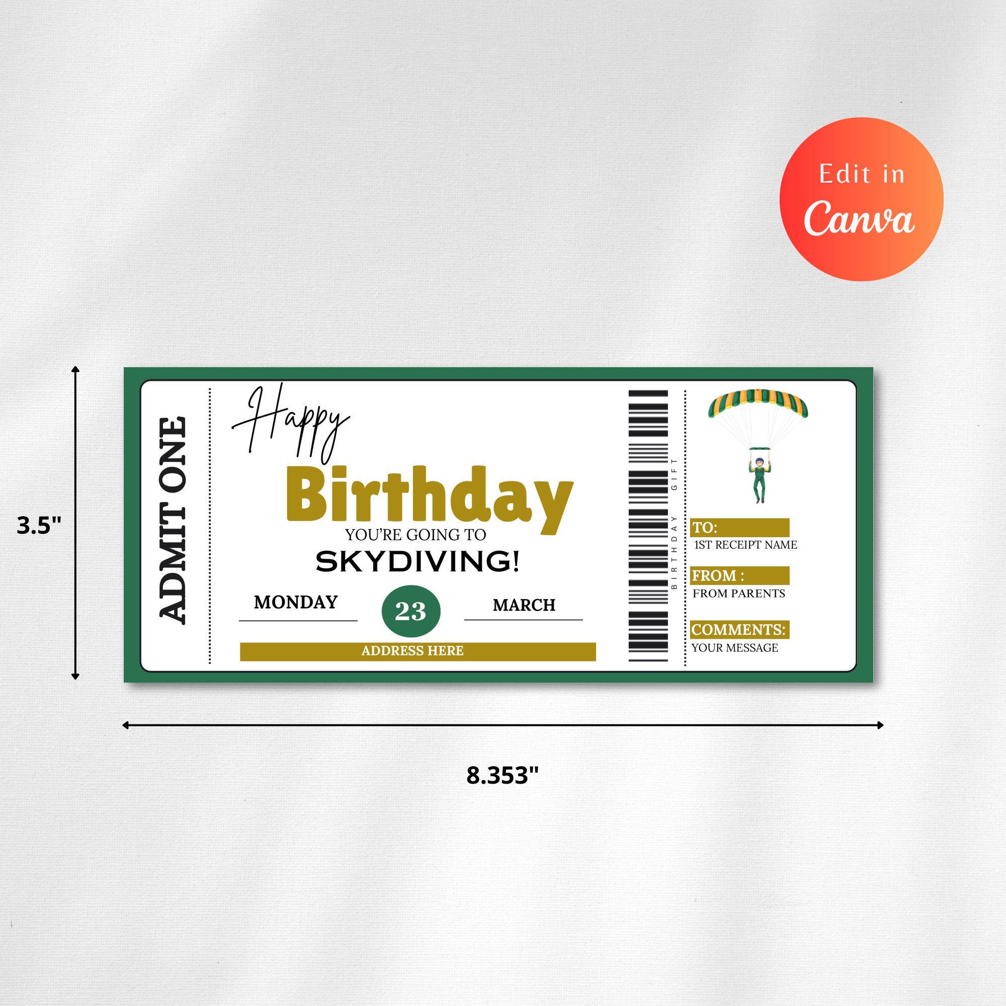Editable Skydiving Ticket Template Gift, Certificate Voucher Card ...