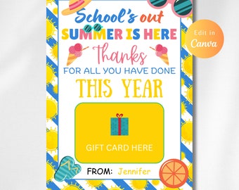Editable Schools Out Summer is Here Teacher Appreciation Gift Card ...