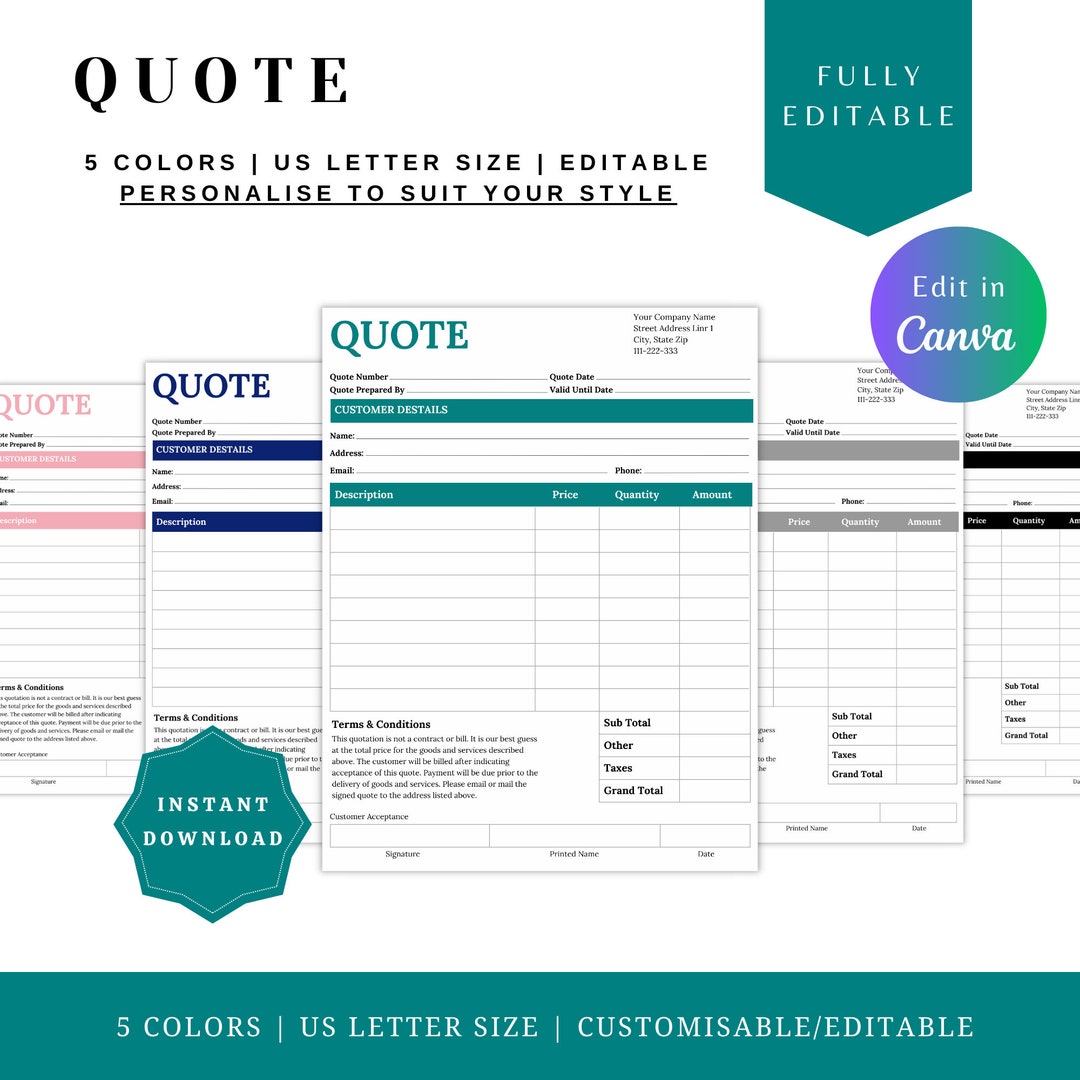 EDITABLE QUOTE FORM, Price Estimate, Quote Proposal, Quote Template ...