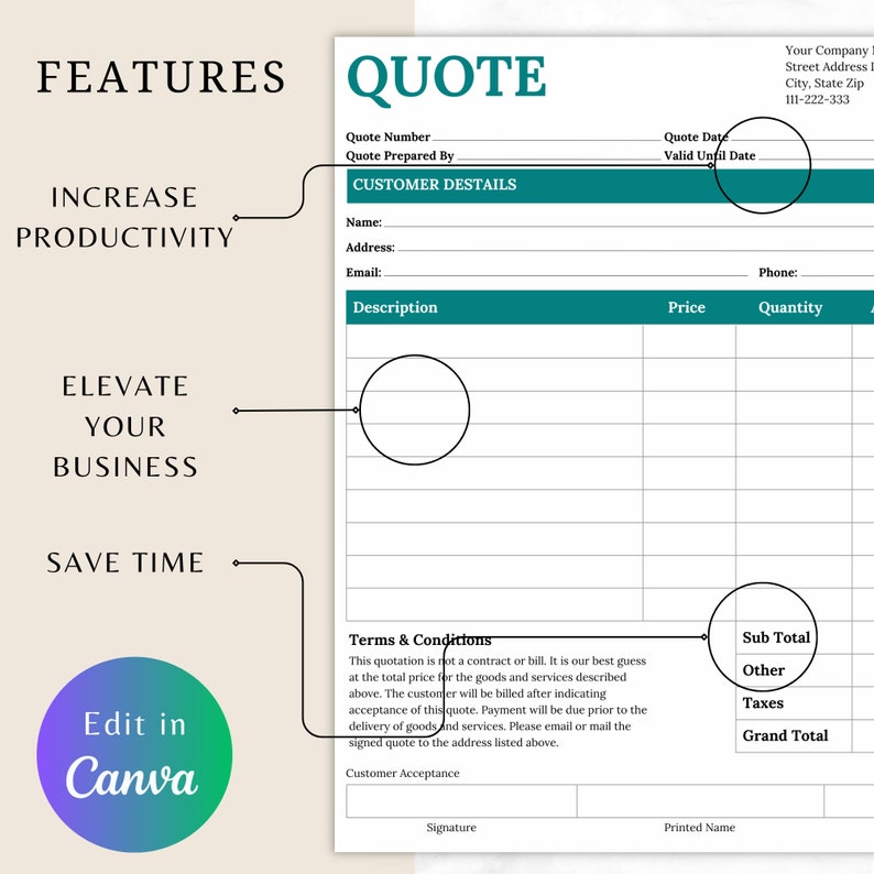 EDITABLE QUOTE FORM, Price Estimate, Quote Proposal, Quote Template ...