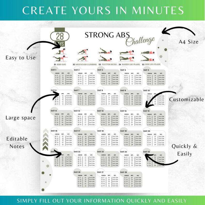 Editable 28 DAYS Strong Abs Workout Challenge, 30 DAYS Challenge ...