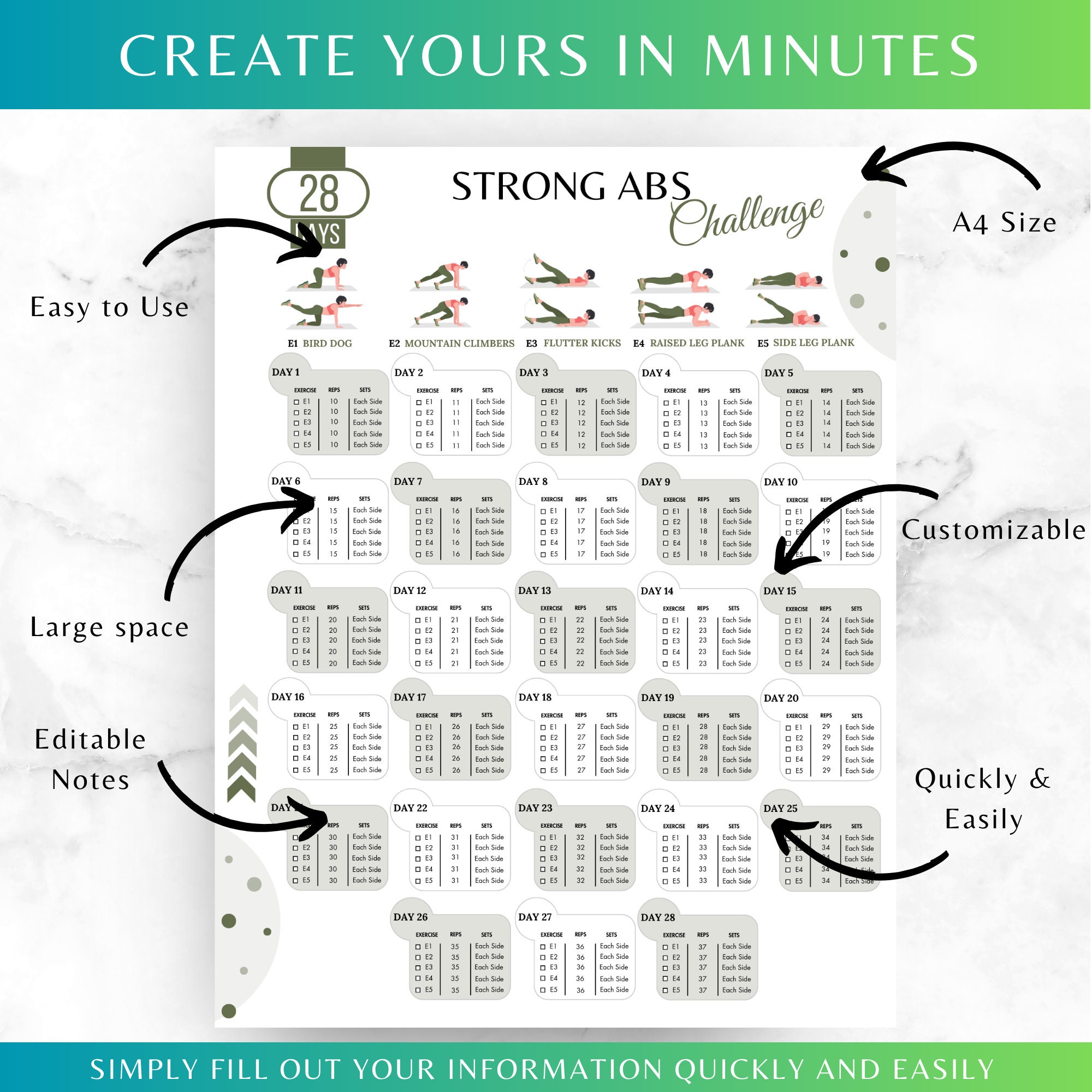 Editable 28 DAYS Strong Abs Workout Challenge, 30 DAYS Challenge ...