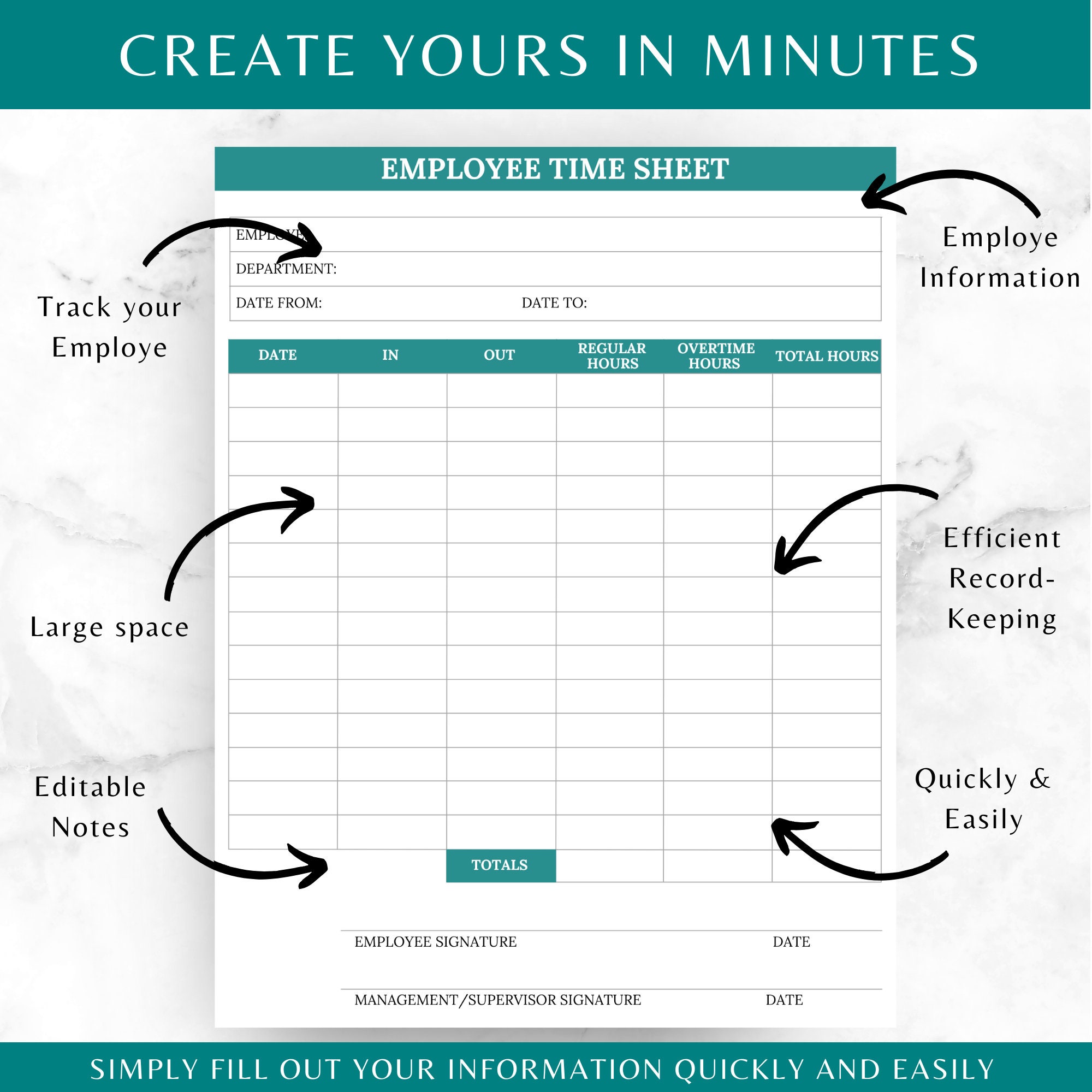 Editable EMPLOYEE TIME SHEET, Time Keeping Log, Printable Time Sheet ...