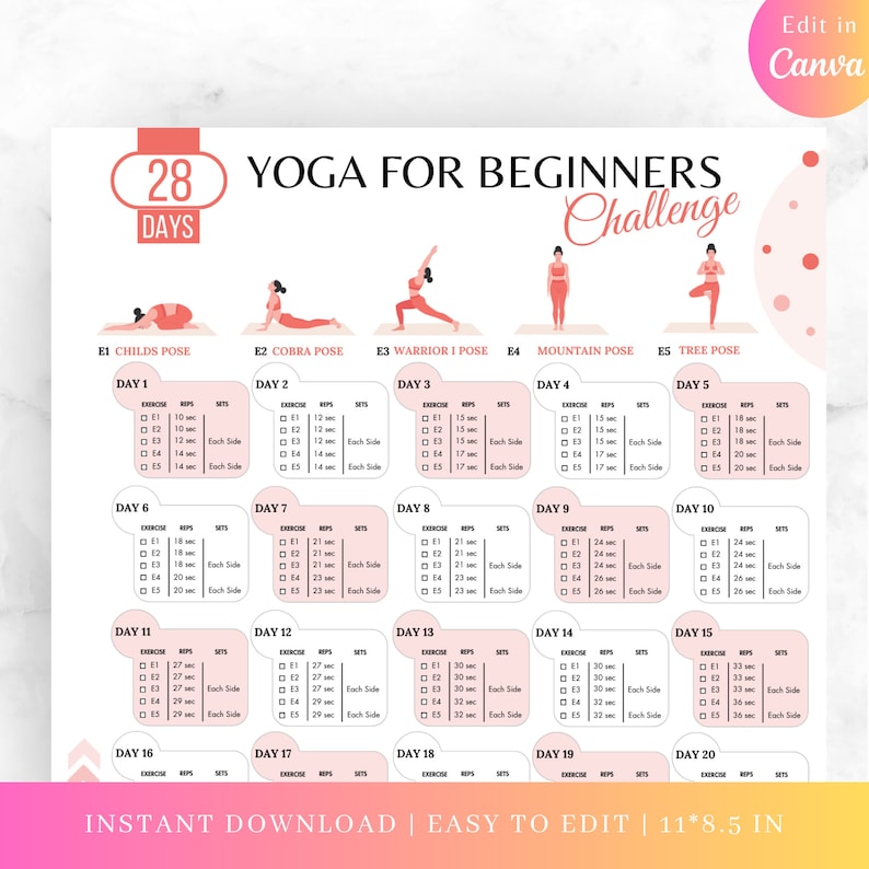 Editable 28 DAYS BEGINNERS YOGA Challenge, Yoga Class, Yoga Poses, Yoga ...