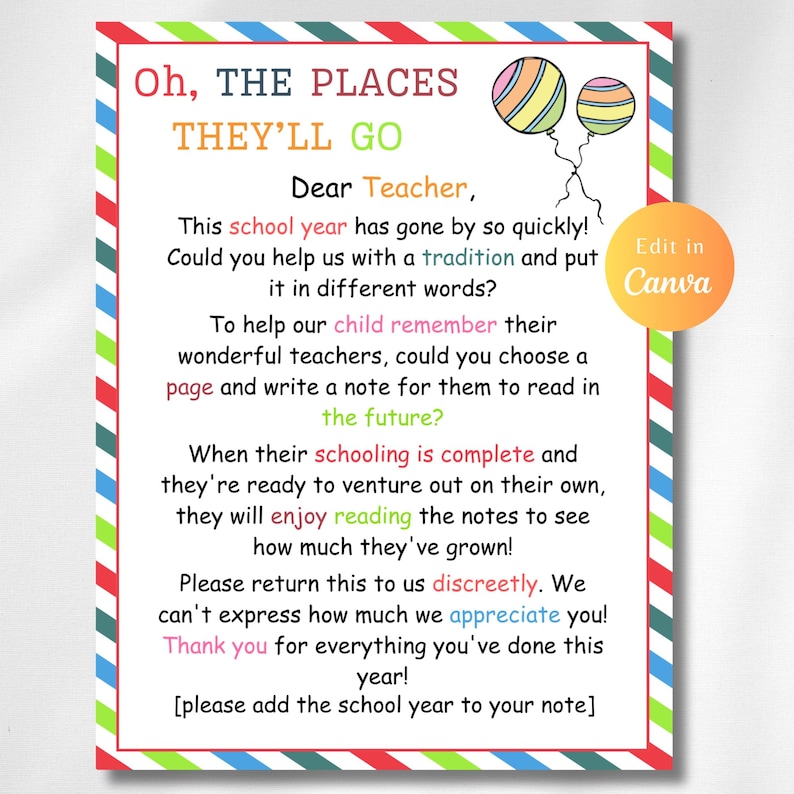 OH THE PLACES You'll Go Instruction Letter for Teachers to Sign Book ...