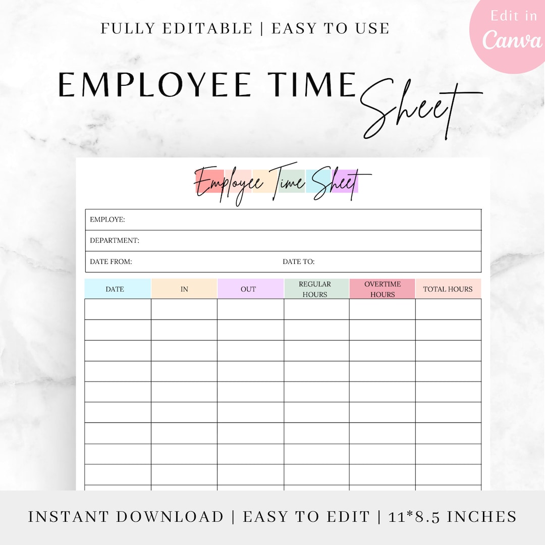Editable EMPLOYEE TIME SHEET, Time Keeping Log, Printable Time Sheet ...