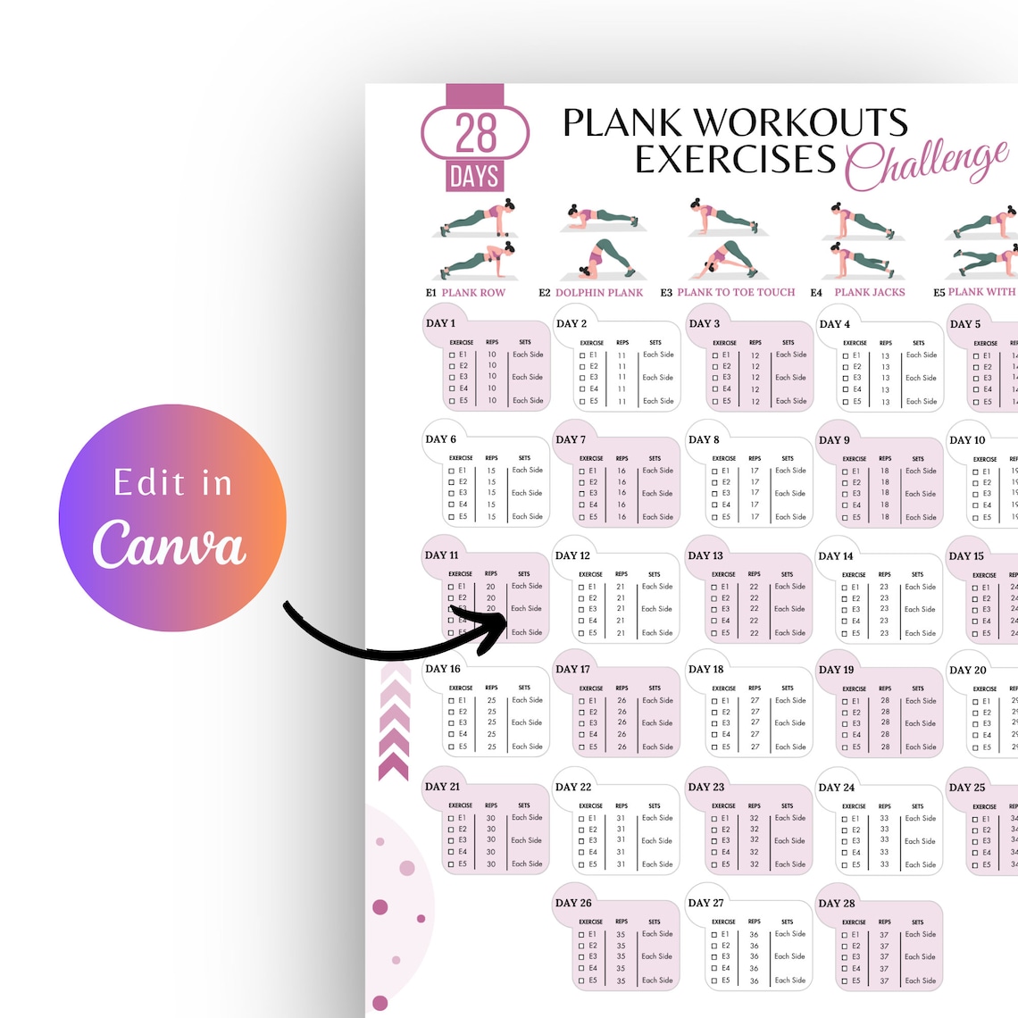 Editable 28 DAYS PLANK CHALLENGE, Plank Challenge Workout, Plank, 30 ...