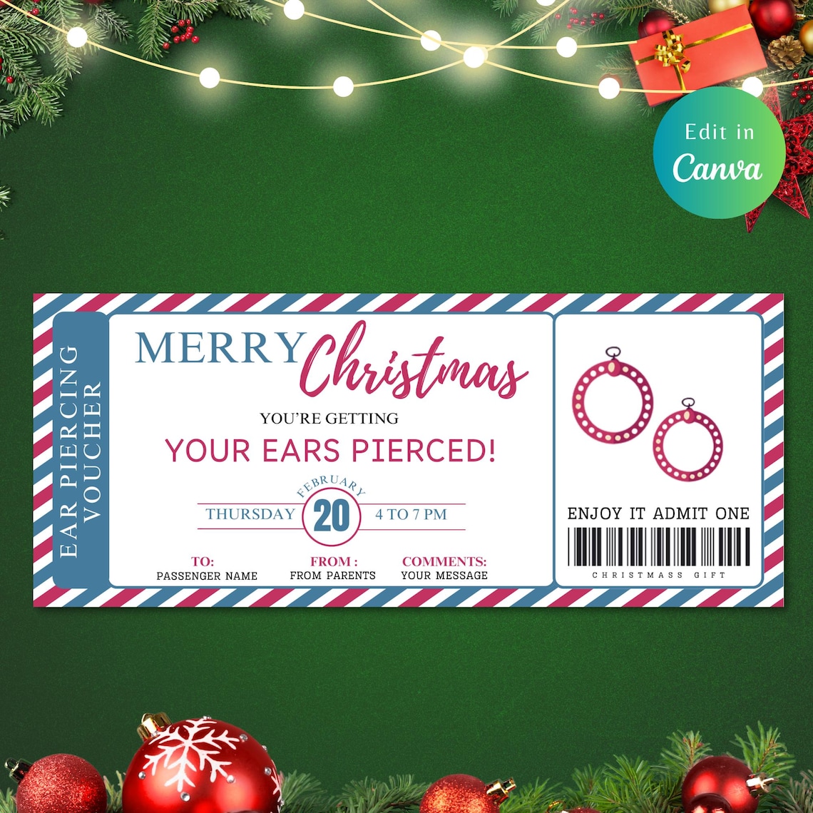 Editable Christmas Ear Piercing Gift Voucher Template, Ear Piercing ...